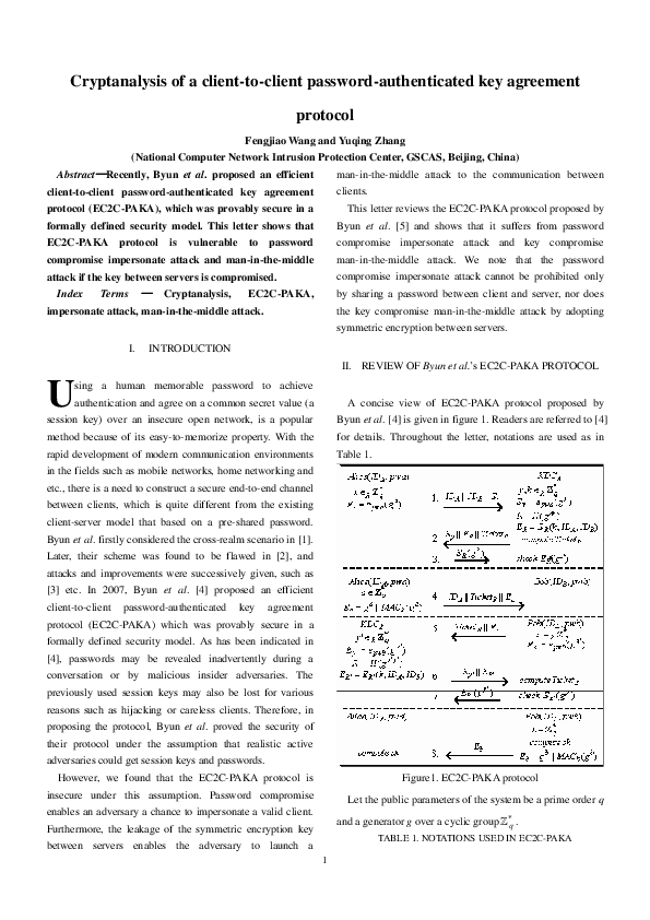 (PDF) Cryptanalysis of a client-to-client password-authenticated key agreement protocol