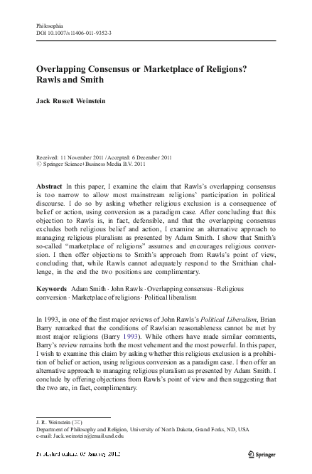 (PDF) Overlapping Consensus or Marketplace of Religions? Rawls and Smith
