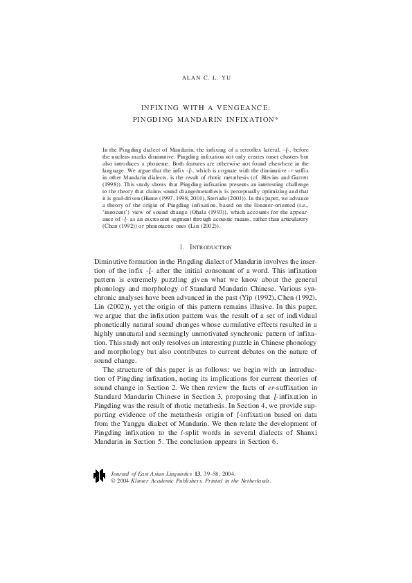 (PDF) Infixing With a Vengeance: Pingding Mandarin Infixation