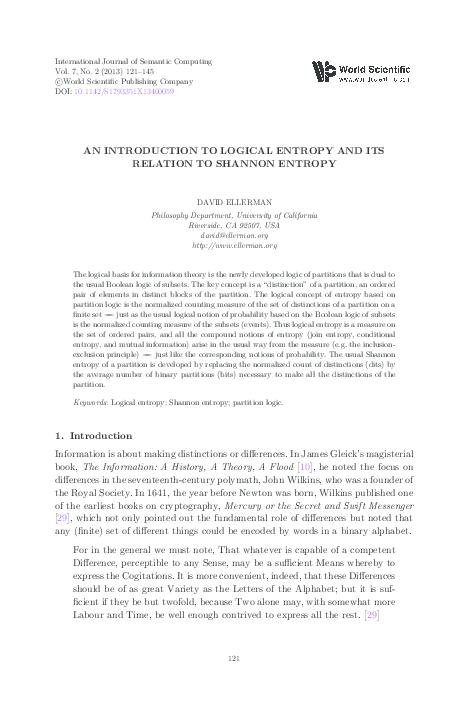 Pdf An Introduction To Logical Entropy And Its Relation To Shannon Entropy