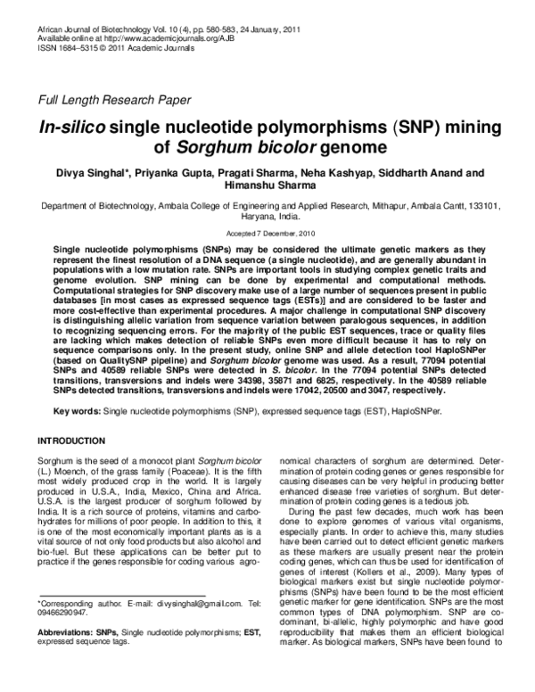 (PDF) In-silico single nucleotide polymorphisms (SNP) mining of Sorghum bicolor genome