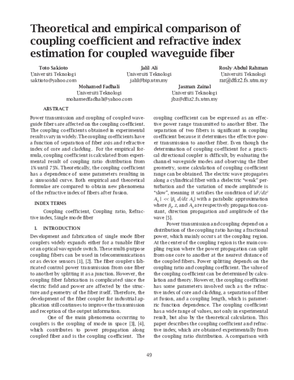 Pdf Theoretical And Empirical Comparison Of Coupling Coefficient And Refractive Index