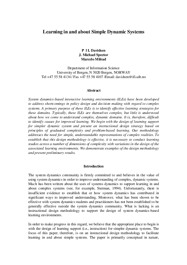 Pdf Learning In And About Simple Dynamic Systems