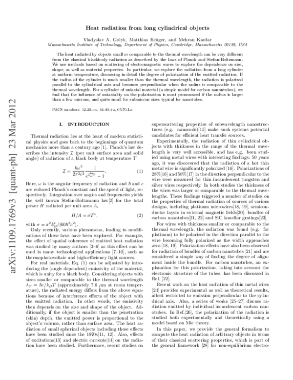 (PDF) Heat radiation from long cylindrical objects