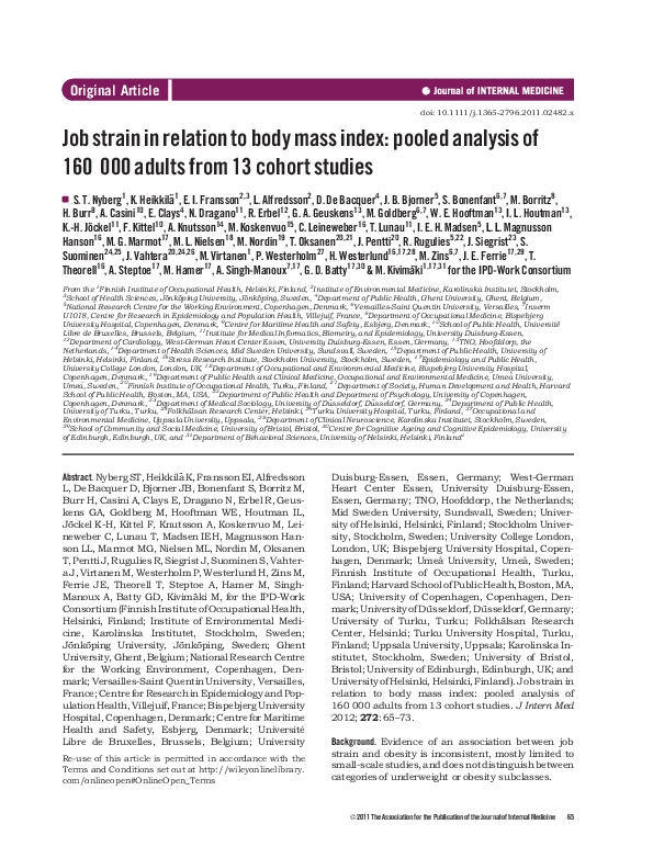 (PDF) Job strain in relation to body mass index: pooled analysis of 160 ...