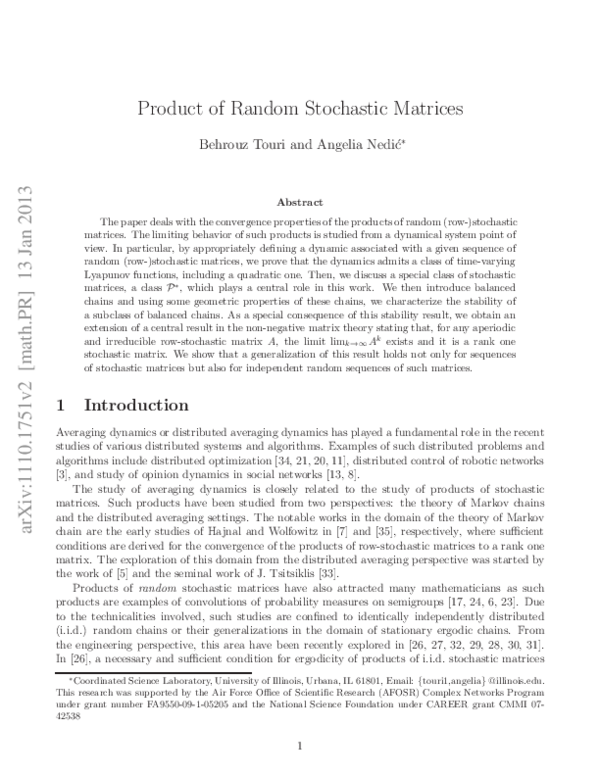(PDF) Product of Random Stochastic Matrices