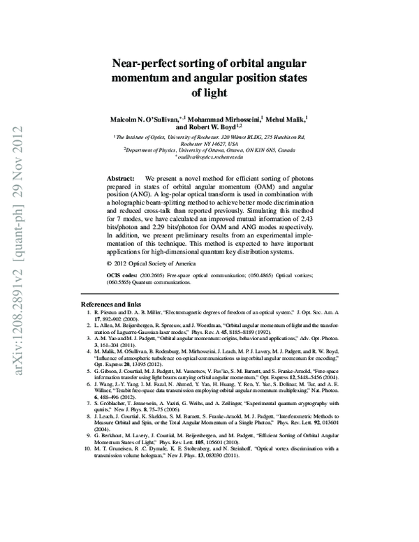 Pdf Near Perfect Sorting Of Orbital Angular Momentum And Angular