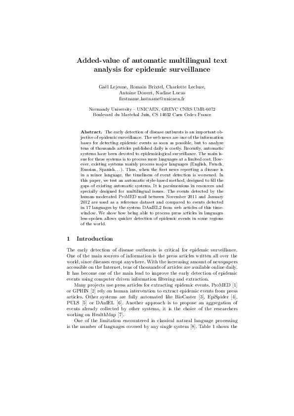 (PDF) Added-value of automatic multilingual text analysis for epidemic ...
