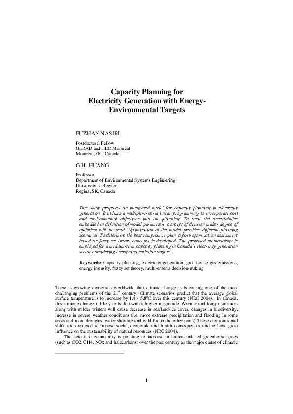 (PDF) Capacity Planning for Electricity Generation with Energy ...