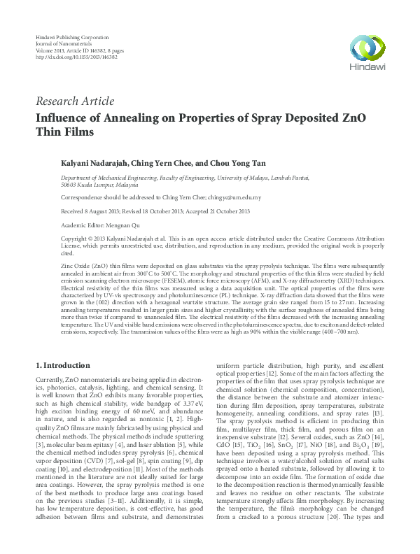 (PDF) Influence of Annealing on Properties of Spray Deposited ZnO Thin Films
