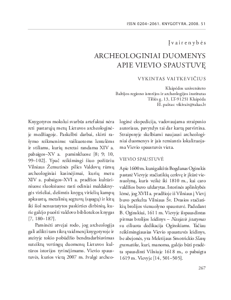 (PDF) Archeologiniai duomenys apie Vievio spaustuvę │ Archaeological ...