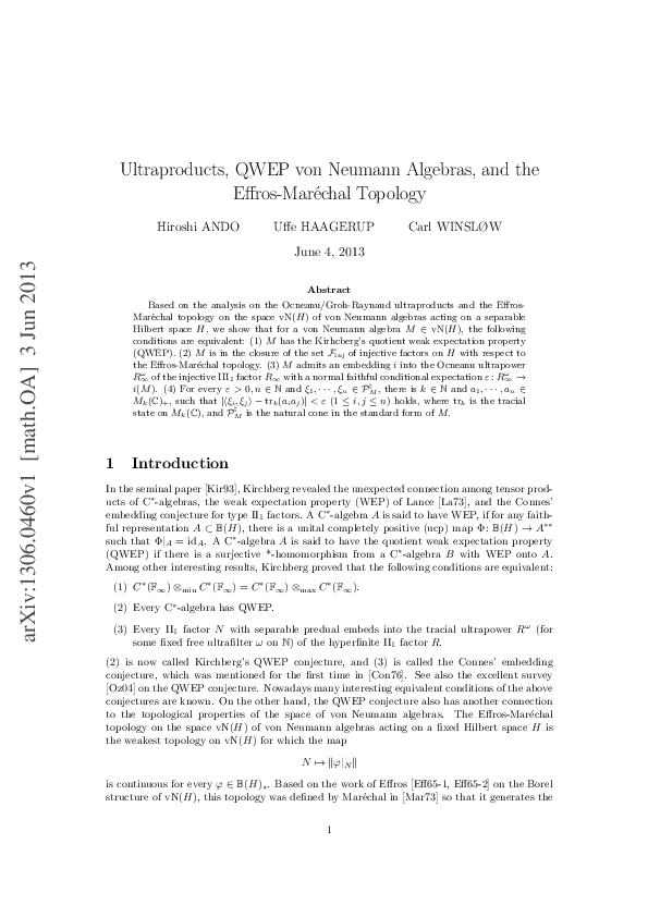 (PDF) Ultraproducts, QWEP von Neumann Algebras, and the Effros-Maréchal ...