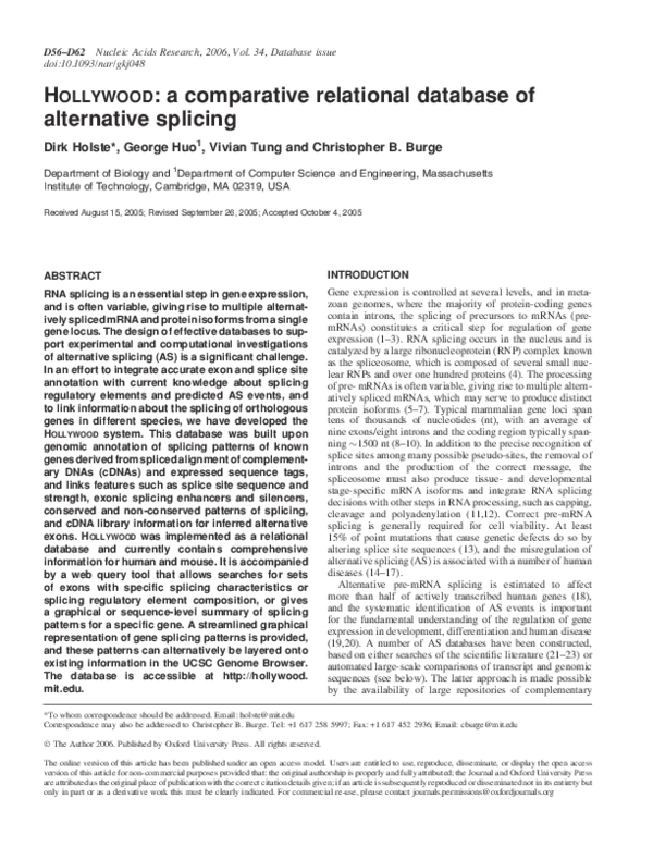 (PDF) HOLLYWOOD: a comparative relational database of alternative splicing