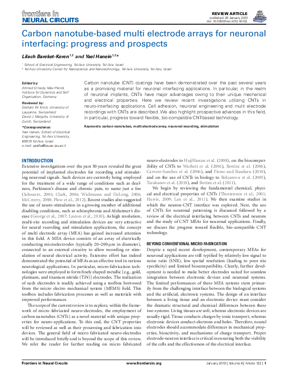 (PDF) Carbon nanotube-based multi electrode arrays for neuronal interfacing: progress and prospects
