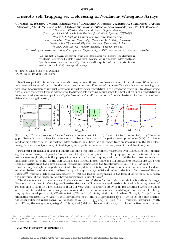 (PDF) Discrete Self-Trapping Vs. Defocusing In Nonlinear Waveguide Arrays