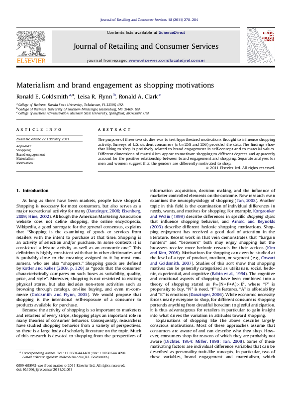 (PDF) Materialism and brand engagement as shopping motivations