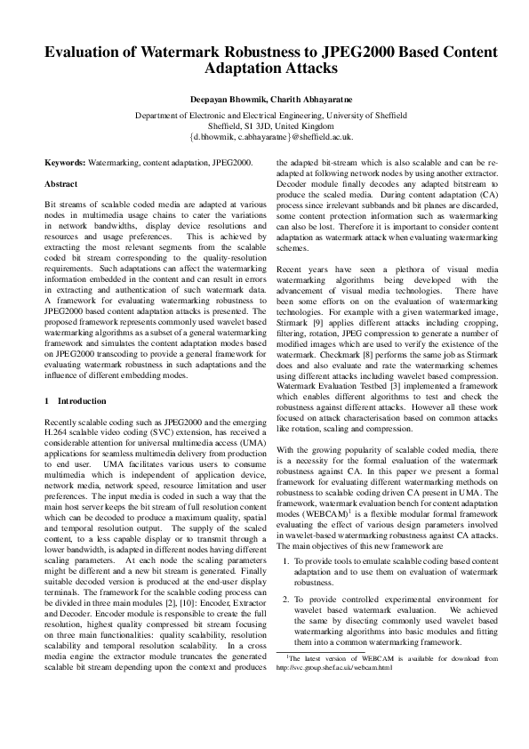 (PDF) Evaluation of Watermark Robustness to JPEG2000 Based Content Adaptation Attacks
