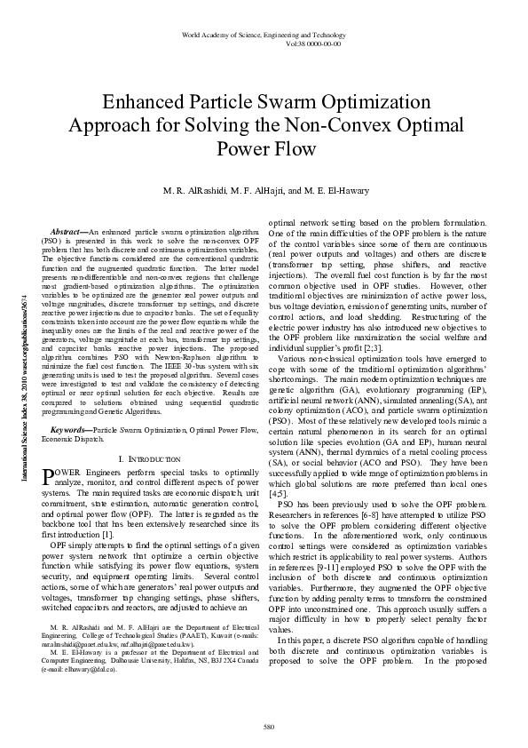 Pdf Enhanced Particle Swarm Optimization Approach For Solving The Non Convex Optimal Power