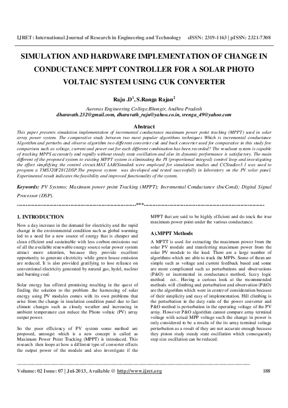 (PDF) SIMULATION AND HARDWARE IMPLEMENTATION OF CHANGE IN CONDUCTANCE MPPT CONTROLLER FOR A ...