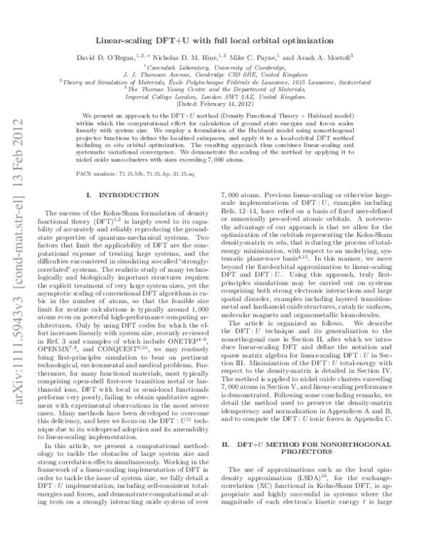 (PDF) Linear-scaling DFT+ U with full local orbital optimization