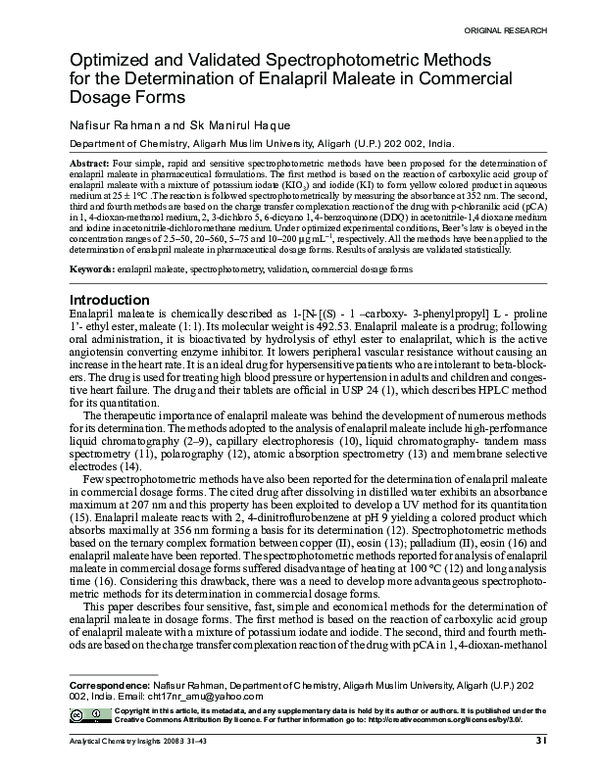 Pdf Optimized And Validated Spectrophotometric Methods For The Determination Of Enalapril