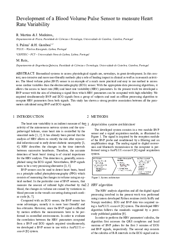 (PDF) Development of a Blood Volume Pulse Sensor to measure Heart Rate ...