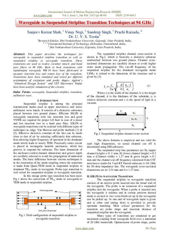 (PDF) Waveguide to Suspended Stripline Transition Techniques at 94 GHz
