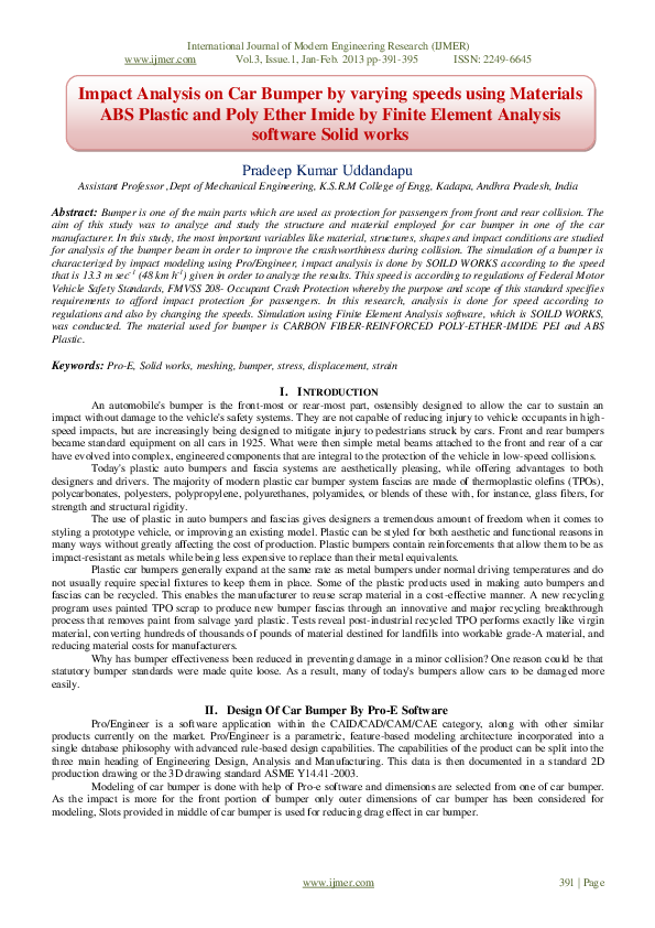 (PDF) Impact Analysis on Car Bumper by varying speeds using Materials ABS Plastic and Poly Ether ...