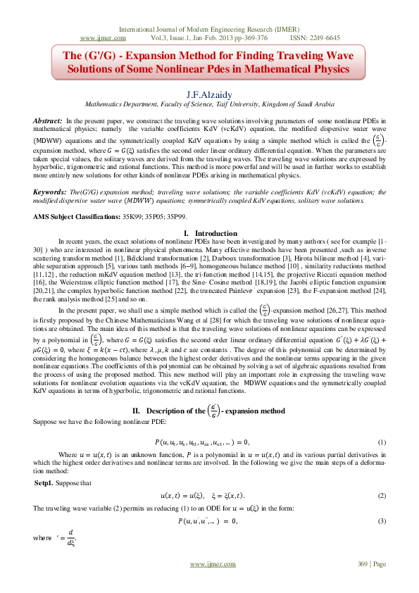 (PDF) The (G'/G) - Expansion Method for Finding Traveling Wave Solutions of Some Nonlinear Pdes ...