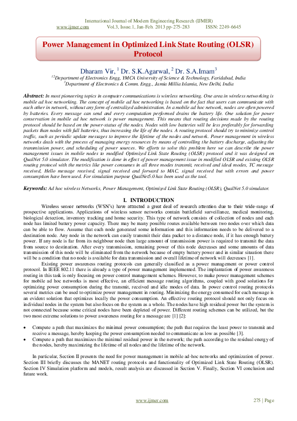 (PDF) Power Management in Optimized Link State Routing (OLSR) Protocol