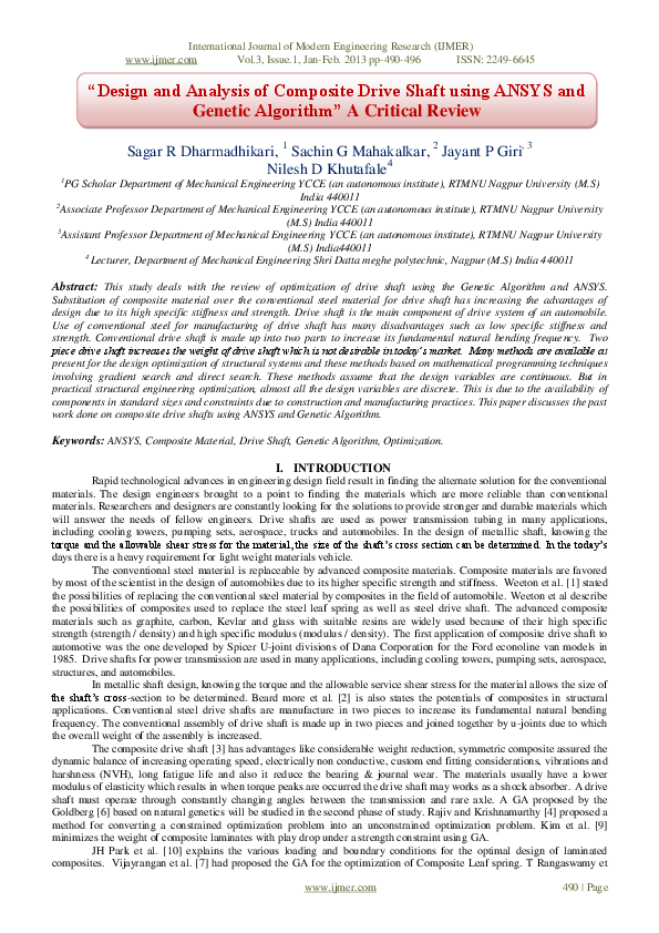 (PDF) “Design and Analysis of Composite Drive Shaft using ANSYS and Genetic Algorithm” A ...