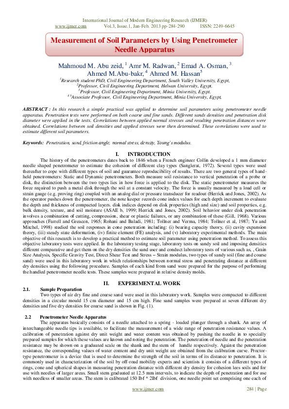 (PDF) Measurement of Soil Parameters by Using Penetrometer Needle Apparatus