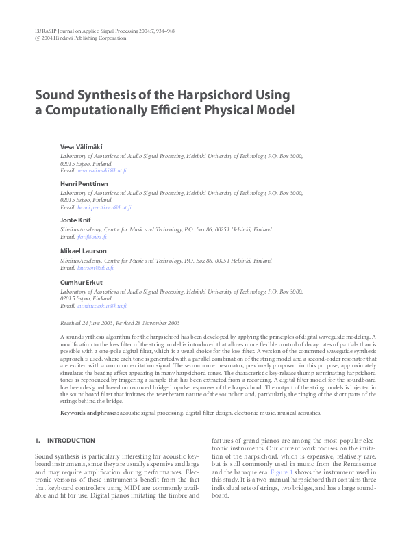 (PDF) Sound Synthesis of the Harpsichord Using a Computationally Efficient Physical Model ...