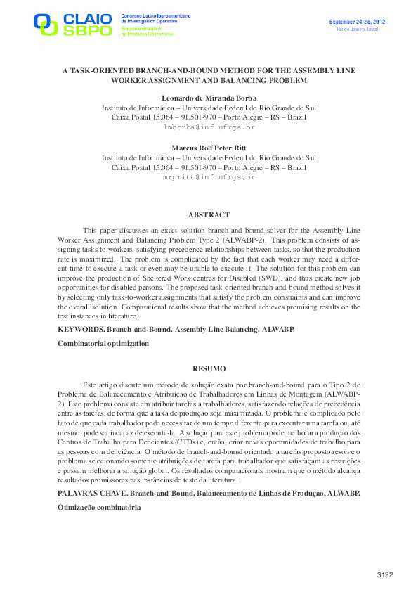 Pdf A Task Oriented Branch And Bound Method For The Assembly Line Worker Assignment And