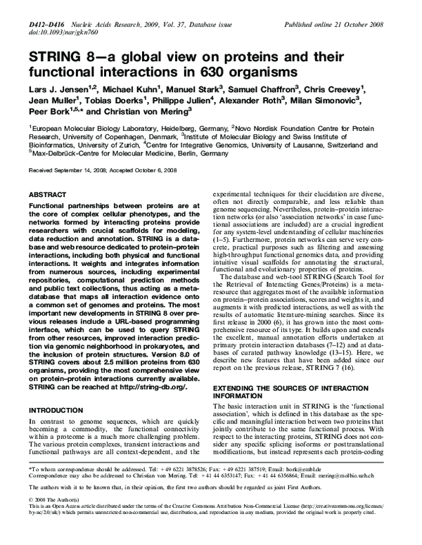 (PDF) STRING 8 a global view on proteins and their functional interactions in 630 organisms