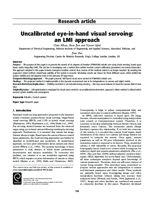 (PDF) Uncalibrated eye-in-hand visual servoing: an LMI approach