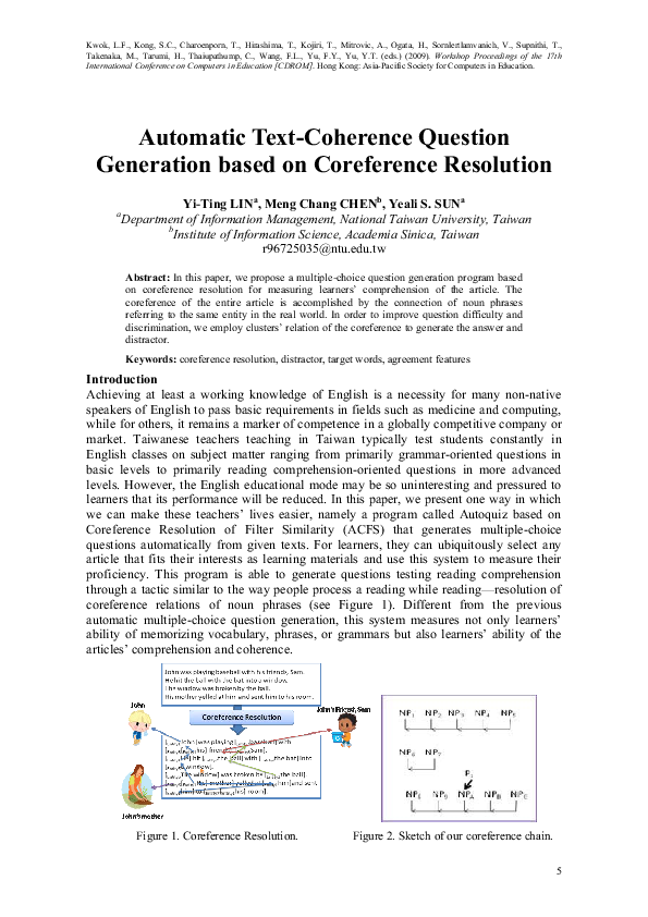 Pdf Automatic Text Coherence Question Generation Based On Coreference
