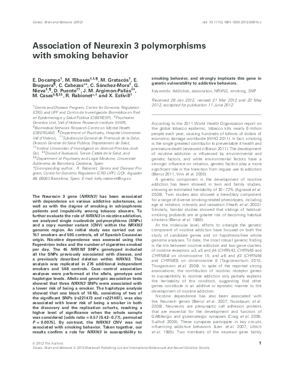 (PDF) Association of Neurexin 3 polymorphisms with smoking behavior