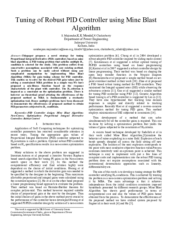 Pdf Tuning Of Robust Pid Controller Using Mine Blast Algorithm