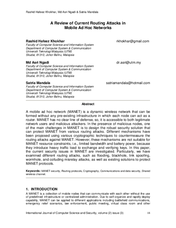 Pdf A Review Of Current Routing Attacks In Mobile Ad Hoc Networks