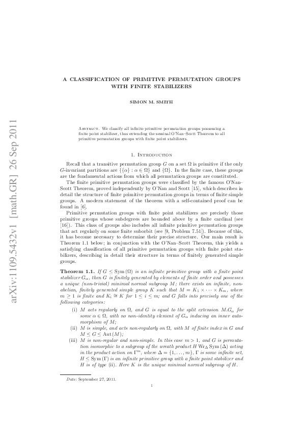 (PDF) A classification of primitive permutation groups with finite stabilizers