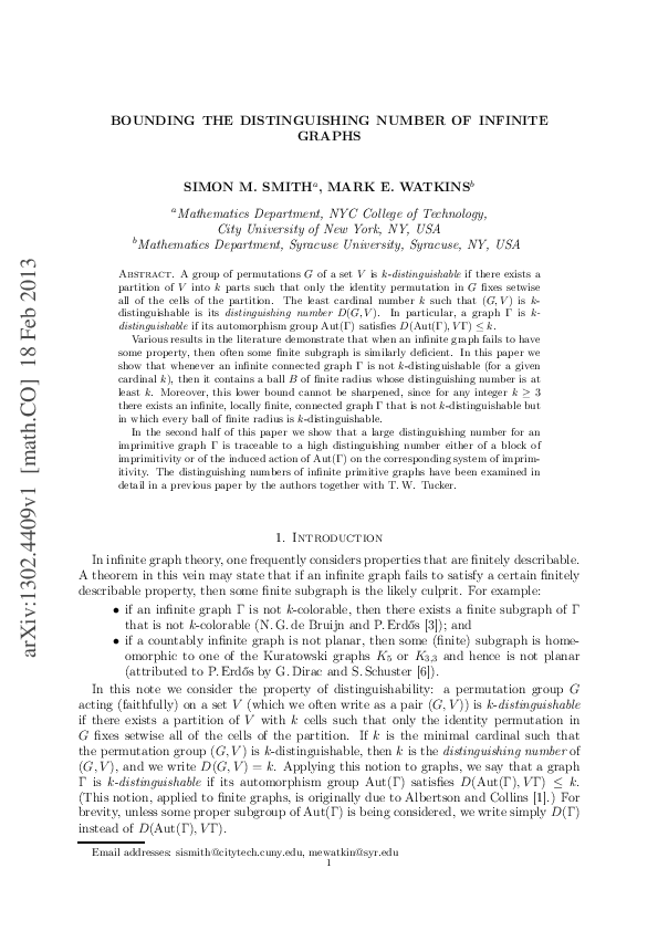 (PDF) Bounding the distinguishing number of infinite graphs (with Mark Watkins) | Simon Smith ...