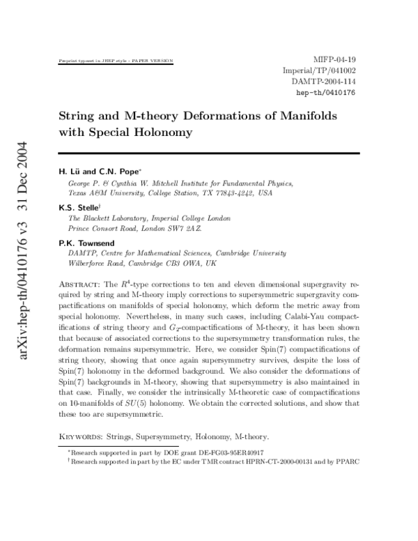(PDF) String and M-theory deformations of manifolds with special holonomy