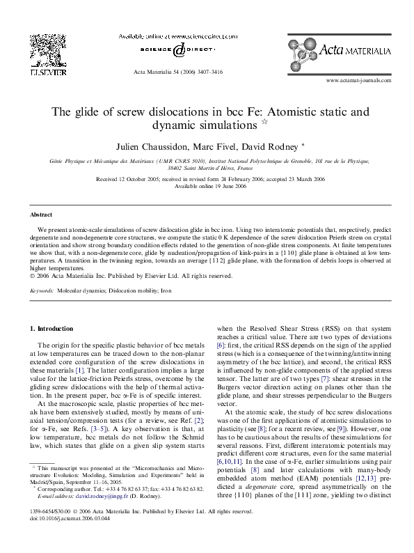 Pdf The Glide Of Screw Dislocations In Bcc Fe Atomistic Static And