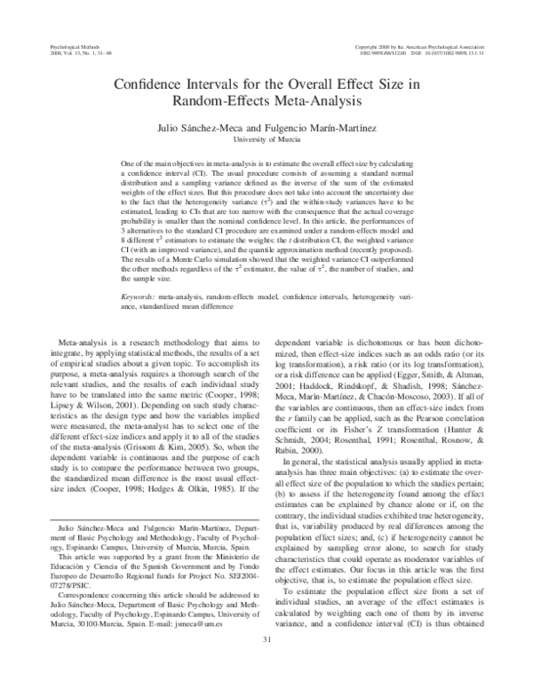 (PDF) Confidence Intervals for the Overall Effect Size In Random-Effects Meta-Analysis