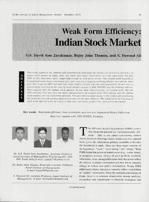 (PDF) Weak Form Efficiency: Indian Stock Market