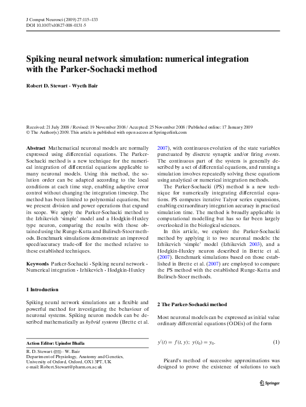 (PDF) Spiking neural network simulation: numerical integration with the Parker-Sochacki method