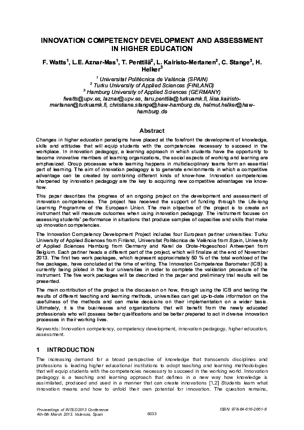 (PDF) Innovation Competency Development and Assessment in Higher Education