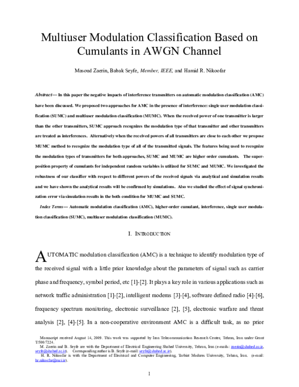 (PDF) Multiuser modulation classification based on cumulants in AWGN channel
