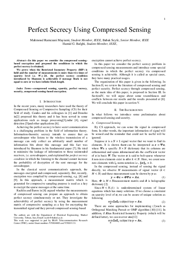 (PDF) Perfect Secrecy Using Compressed Sensing